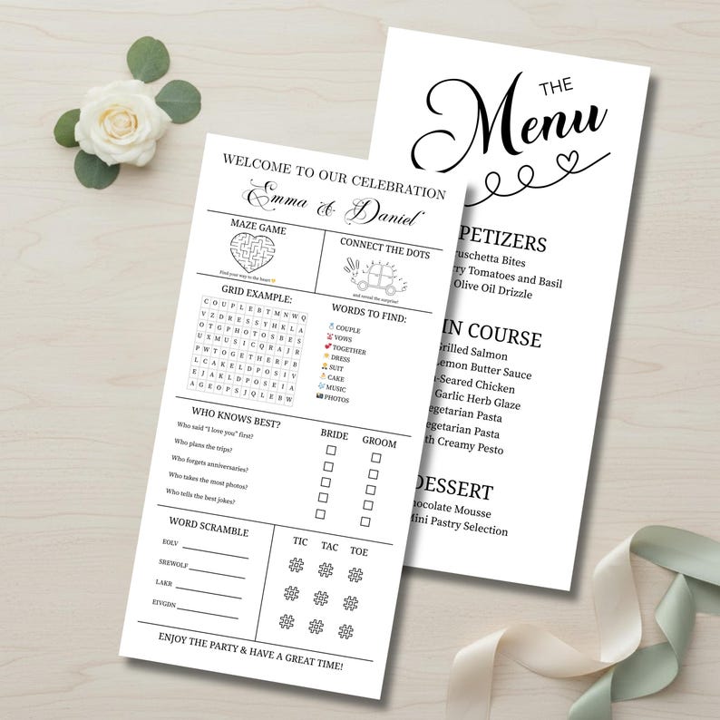 Editable Wedding Menu & Activity Placemat Bundle, Modern Minimal ...