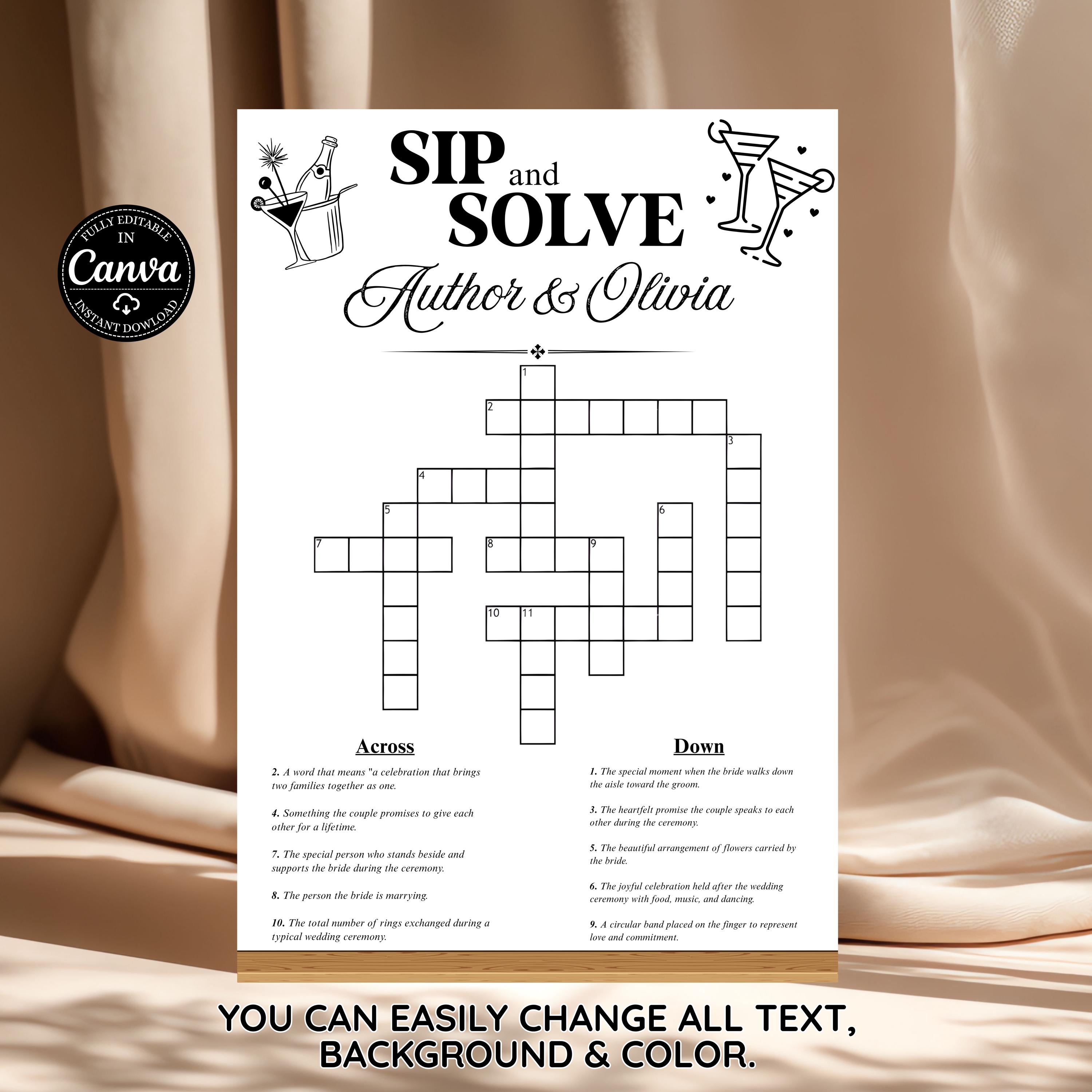 Editable Sip and Solve Wedding Crossword Game, Bridal Shower Puzzle ...
