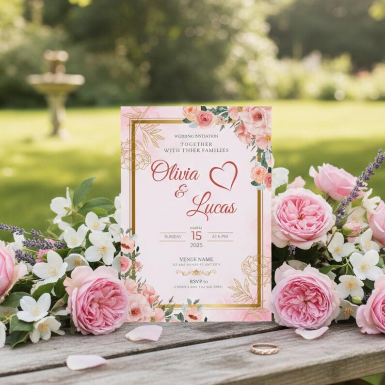 Editable Floral Wedding Invitation Template, Romantic Blush Pink Gold ...