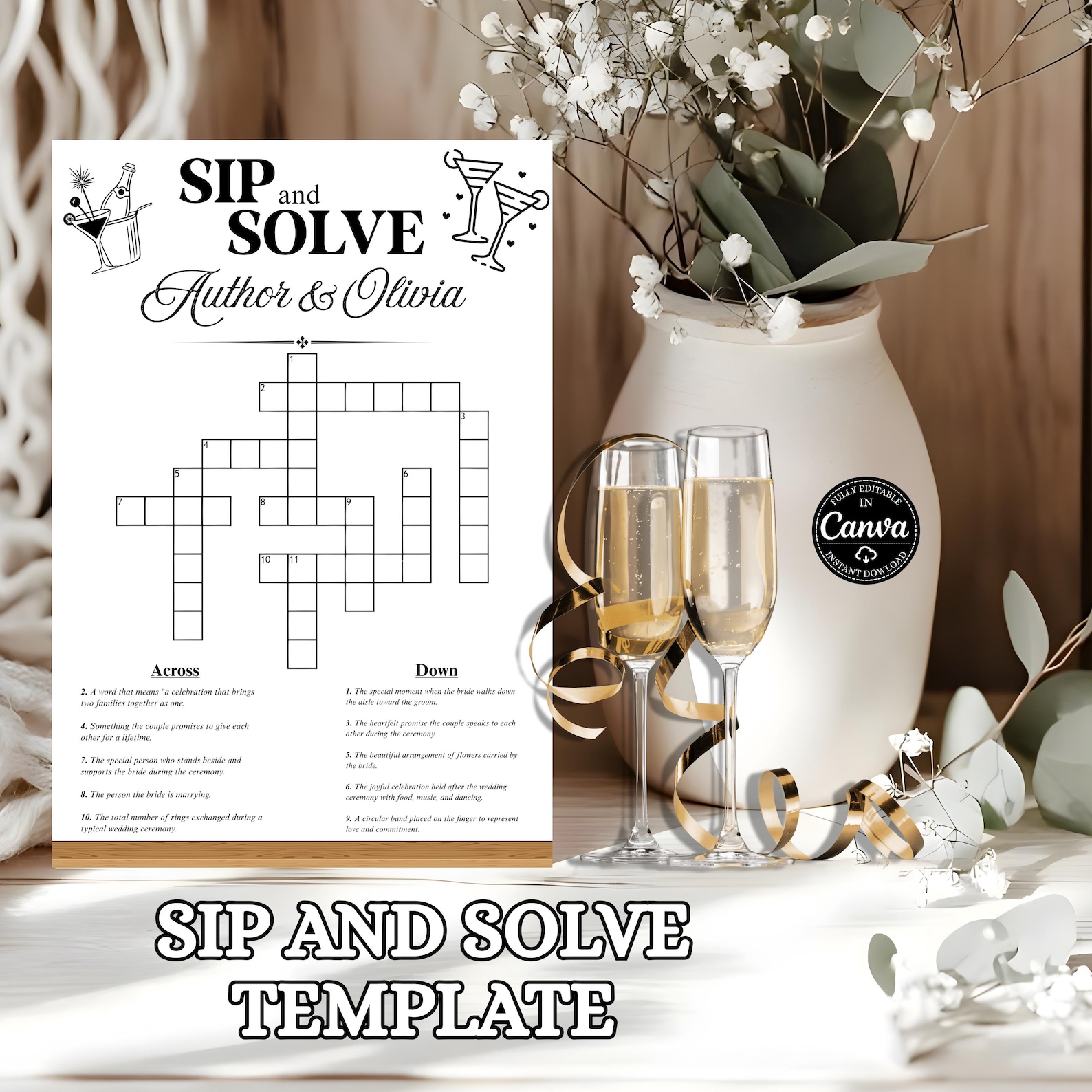 Editable Sip and Solve Wedding Crossword Game, Bridal Shower Puzzle ...