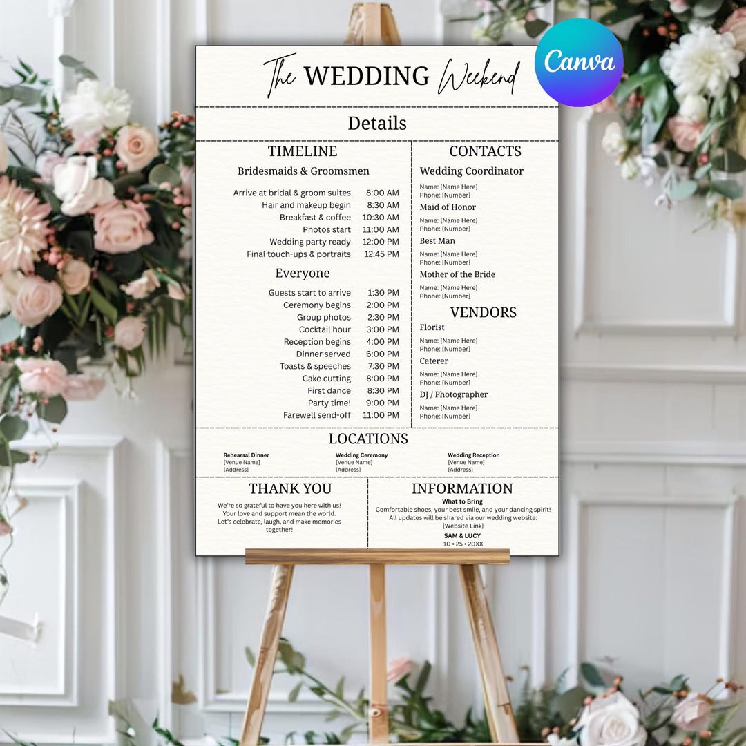 Minimalist Wedding Details Card Template: Editable Ceremony Timeline ...