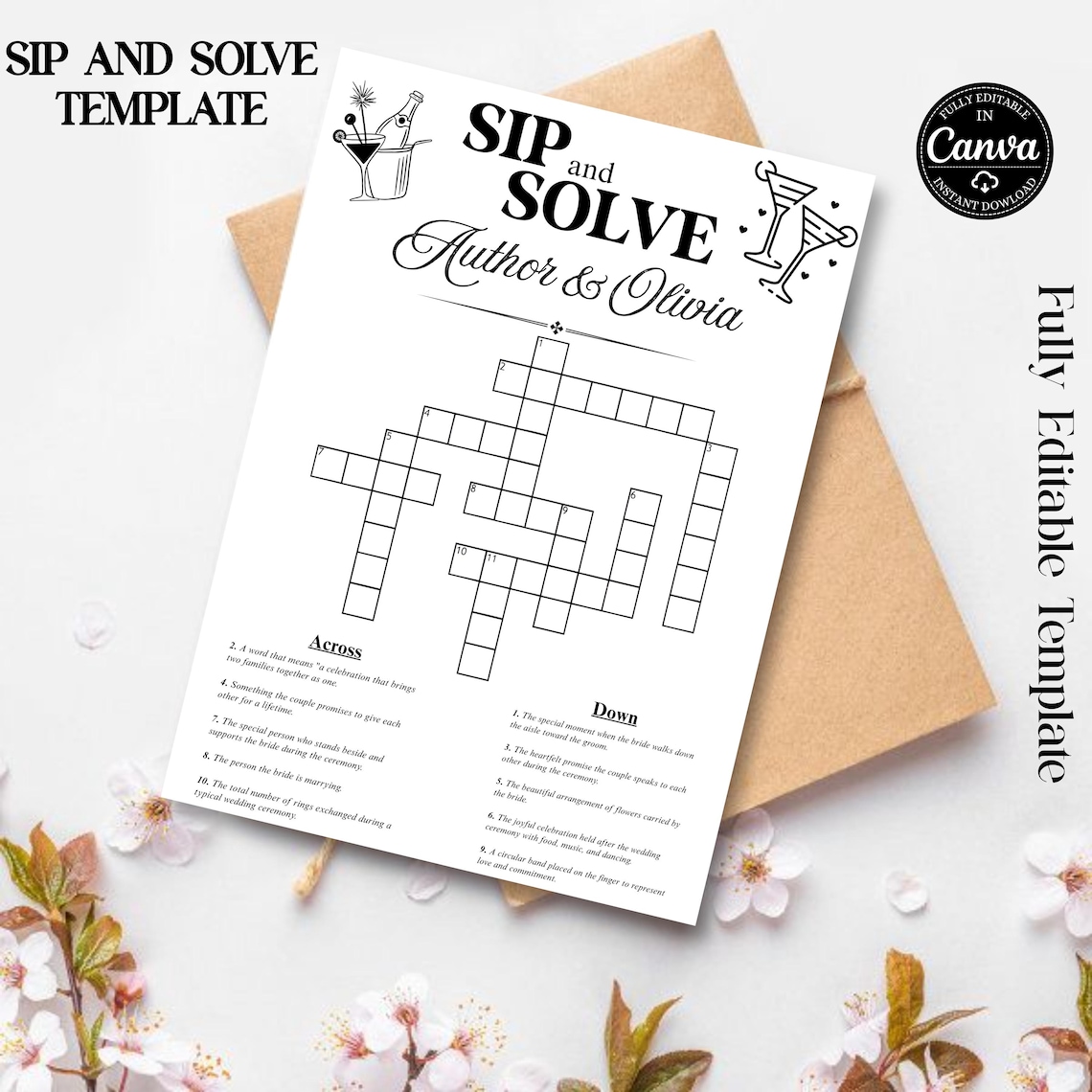 Editable Sip and Solve Wedding Crossword Game, Bridal Shower Puzzle ...