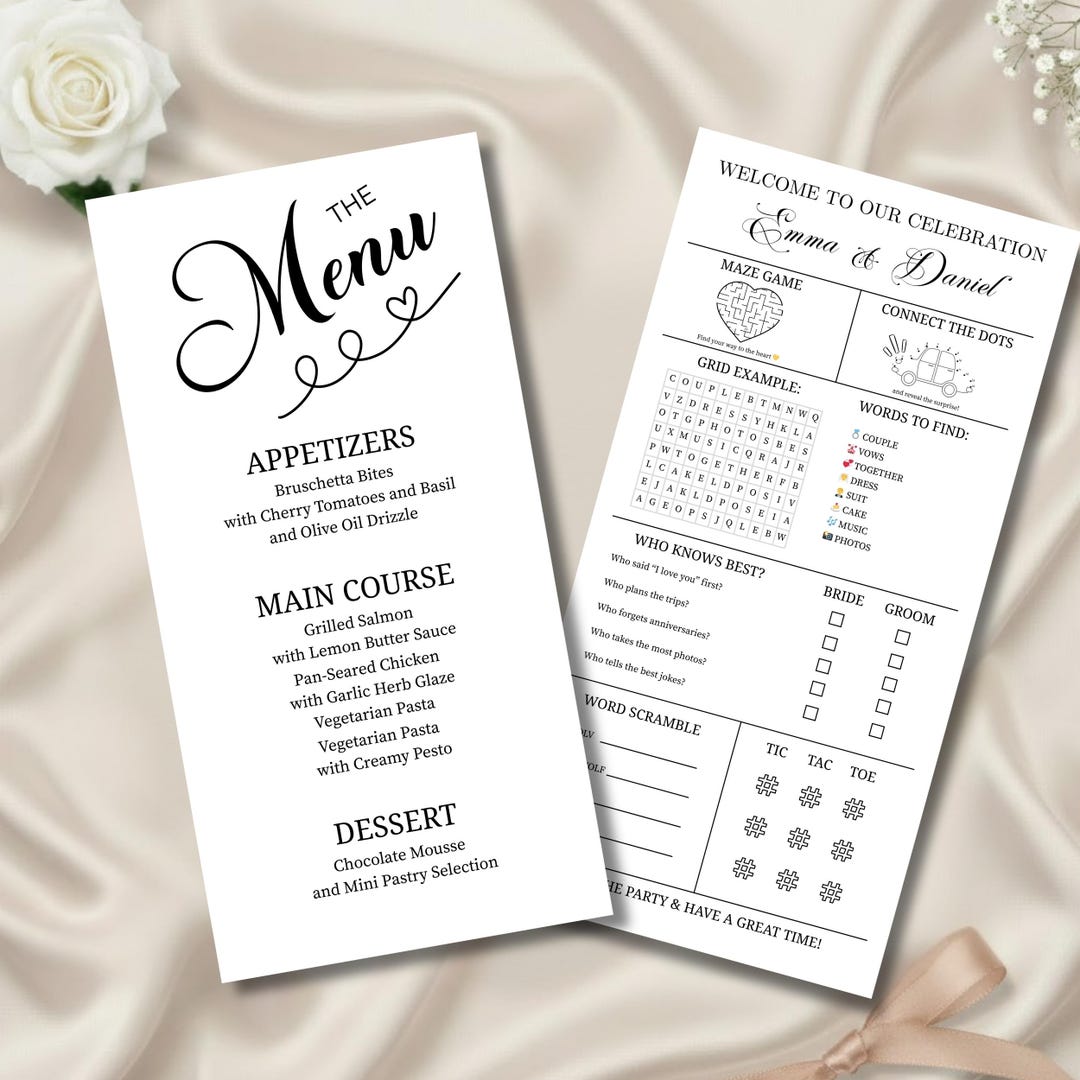Editable Wedding Menu & Activity Placemat Bundle, Modern Minimal ...