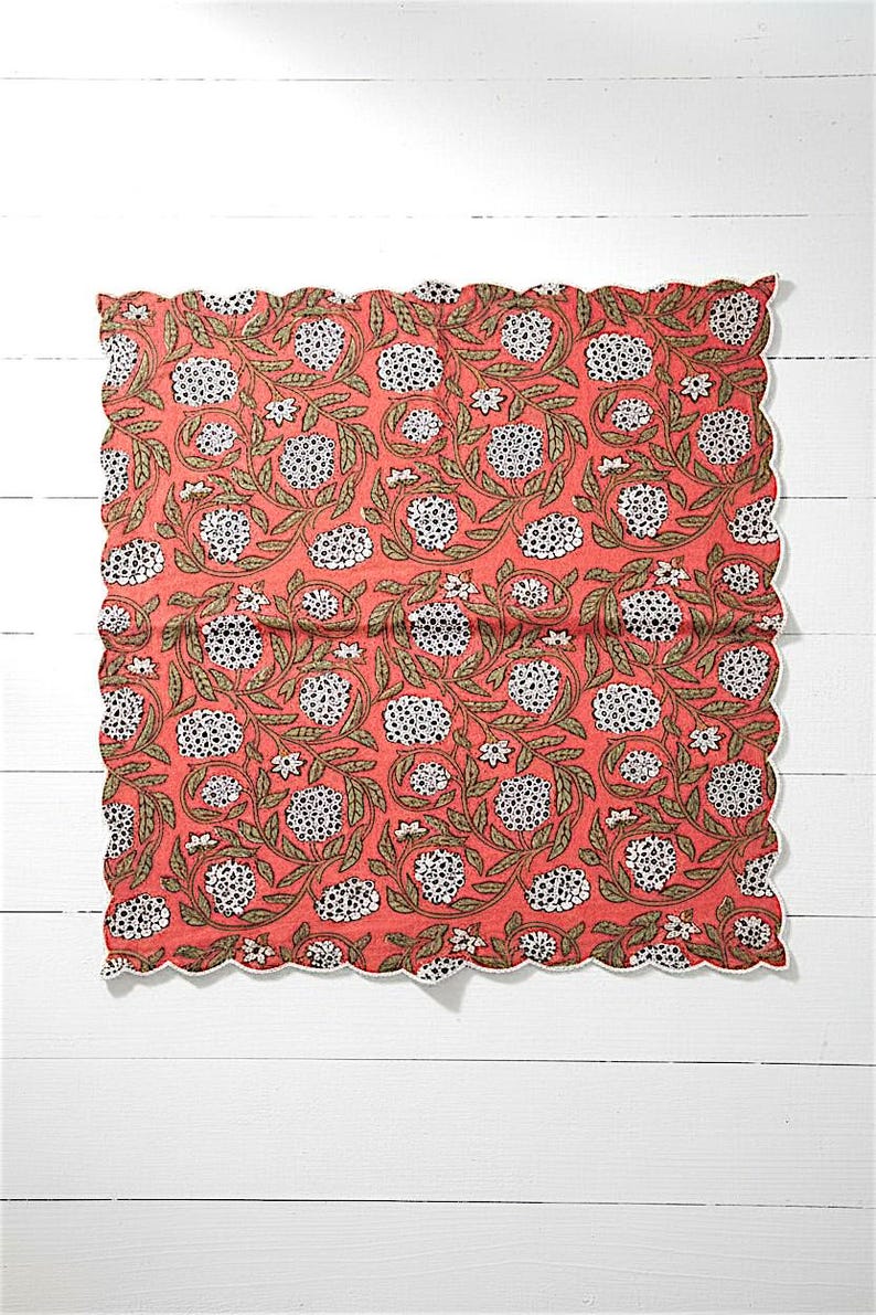 Cotton Napkin Set With Scalloped Embroidered Edges Handmade Block Print ...