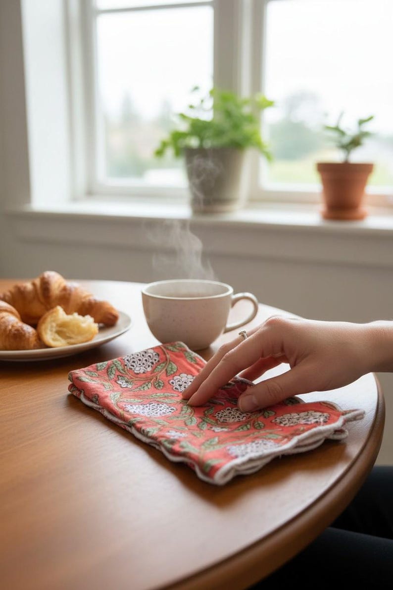 Cotton Napkin Set With Scalloped Embroidered Edges Handmade Block Print ...