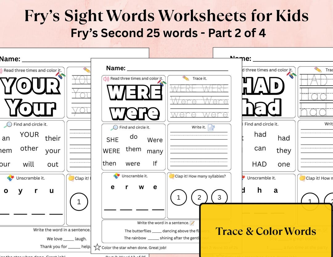 Sight Words Worksheets for Kids: Fry’s Second 25 Words, Tracing, Word ...