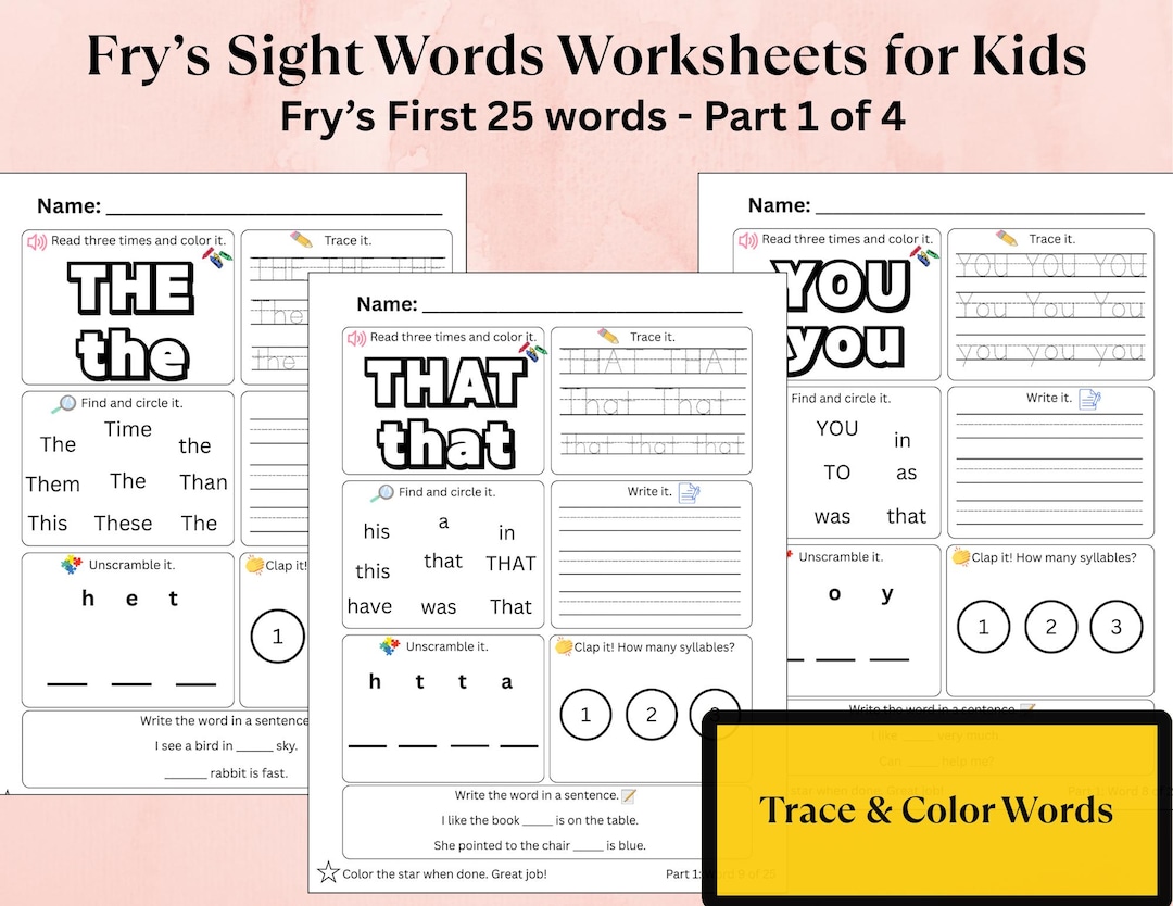 Sight Words Worksheets for Kids: Fry’s First 25 Words, Tracing, Word ...