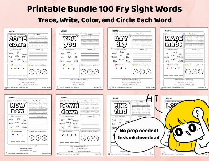 100 Fry Sight Words Worksheets: Early Reading Practice (PDF Download ...