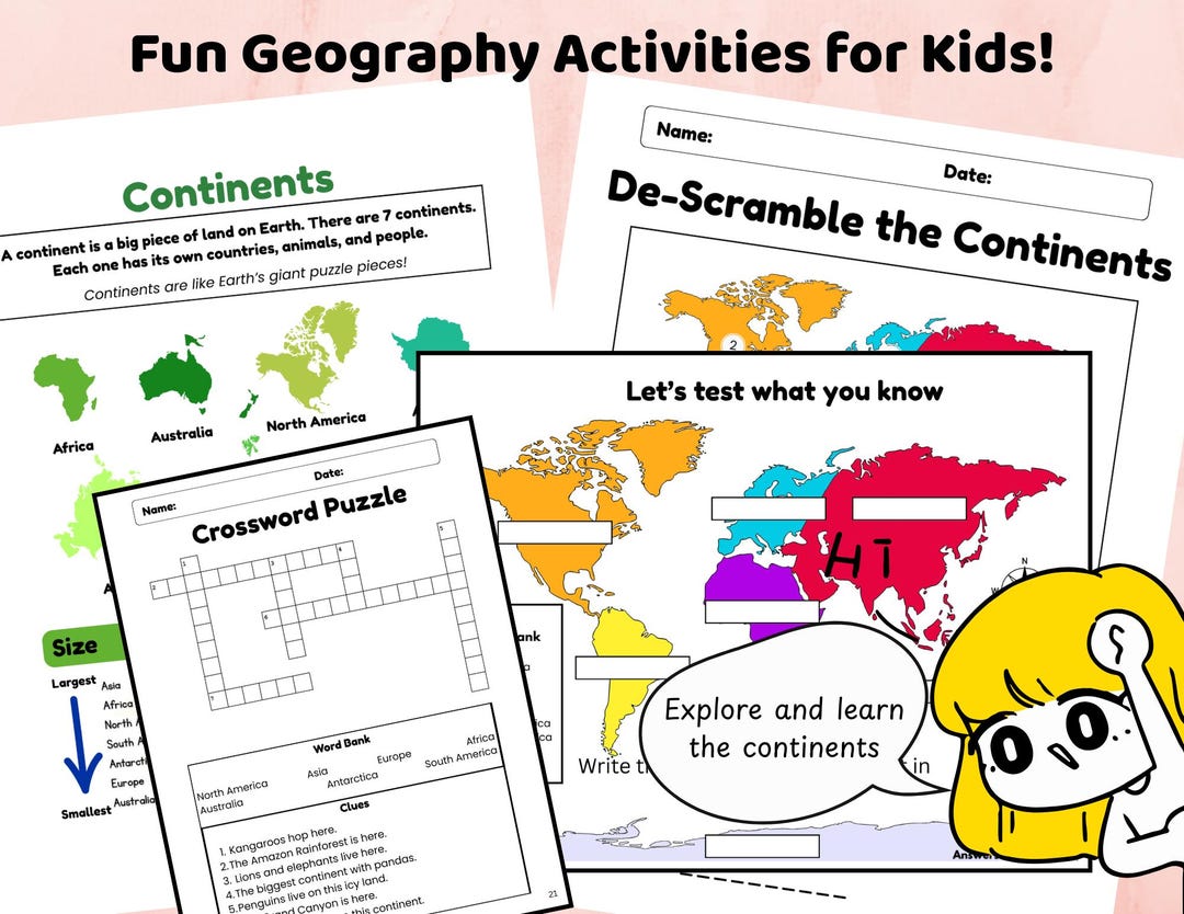 World Maps and Continents Worksheets for Kids: Trace Color Match Shapes ...