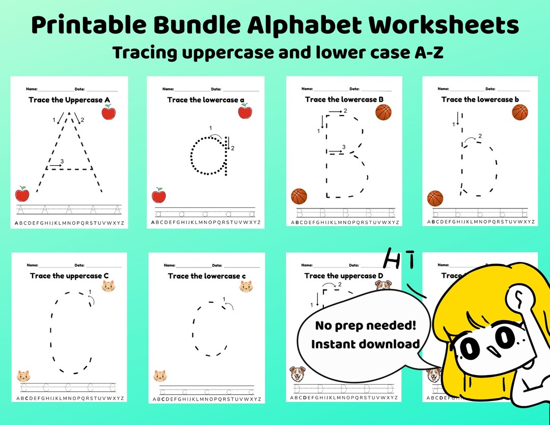Handwriting Practice Worksheets A-Z Uppercase Lowercase Letters Tracing ...