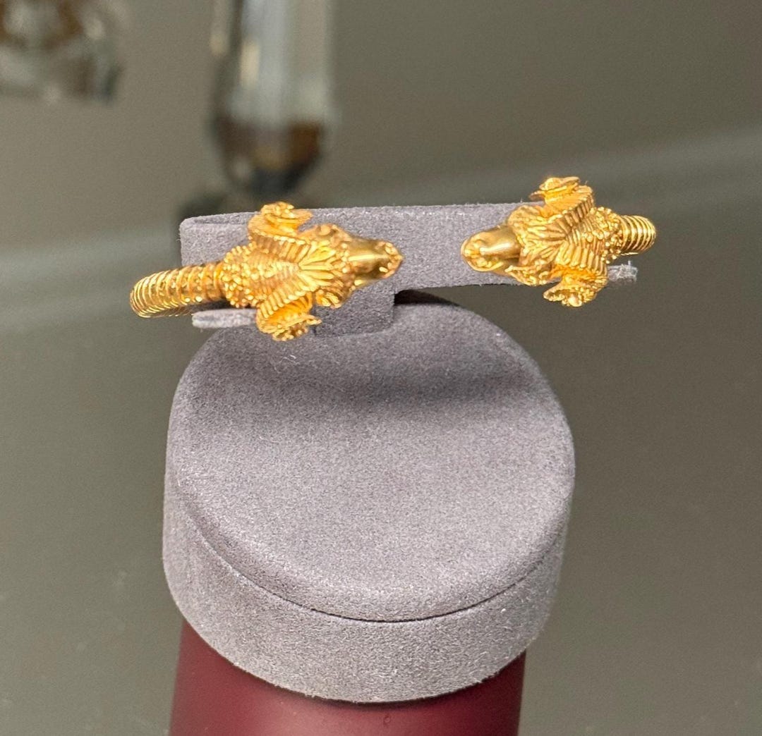 22K Solid Gold Ram Bracelet Double Ram Head Wrap Band Textured Reptile ...