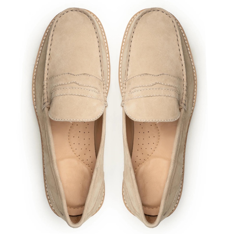 Handmade Suede Penny Loafers: Beige Leather Slip-ons With Lug Sole - Etsy