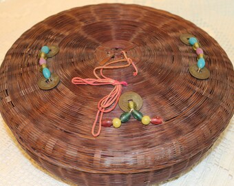 Antique Chinese Woven Wicker 12 Round Sewing Basket With - Etsy