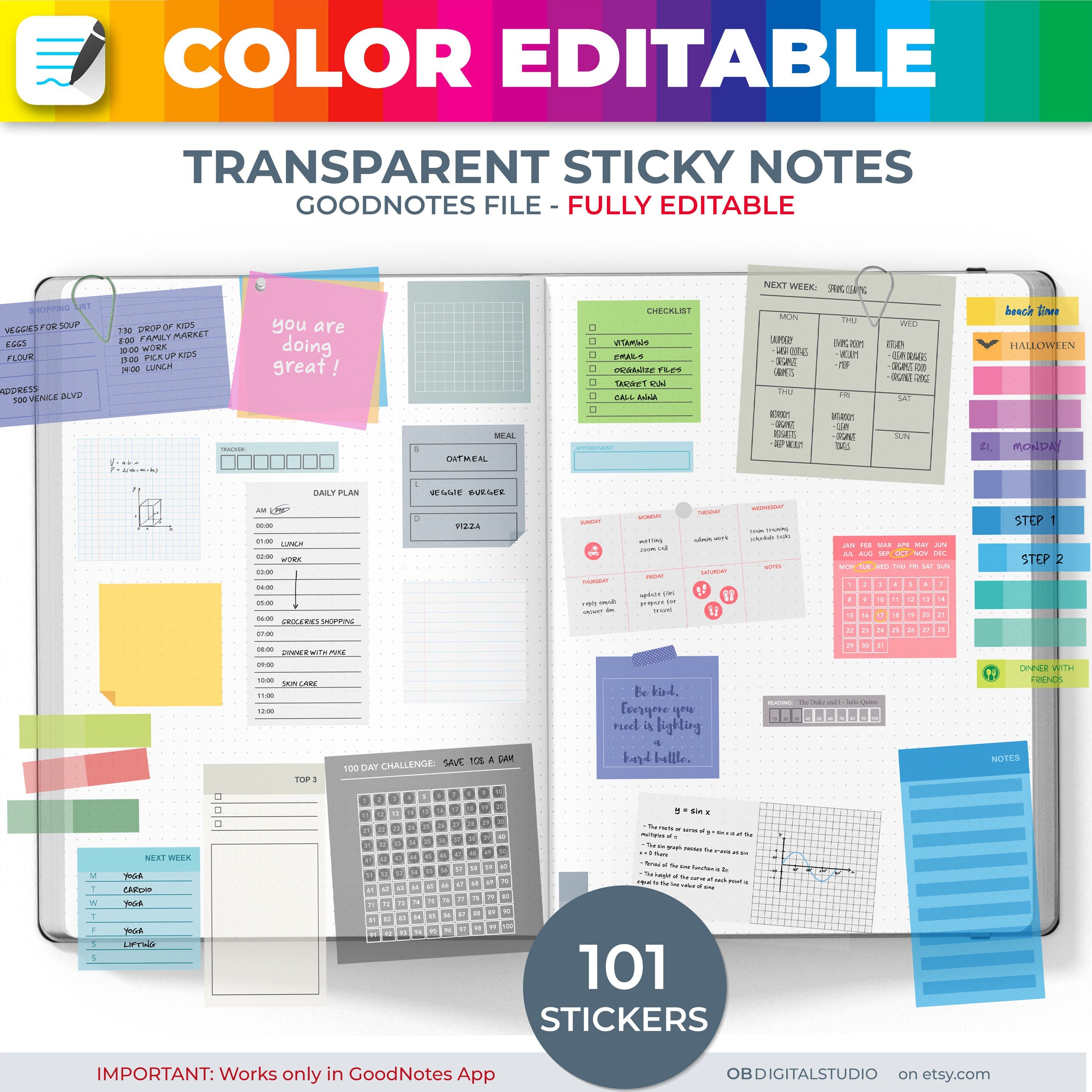 Color Changing Goodnotes Stickers, TRANSPARENT Digital STICKY NOTES ...
