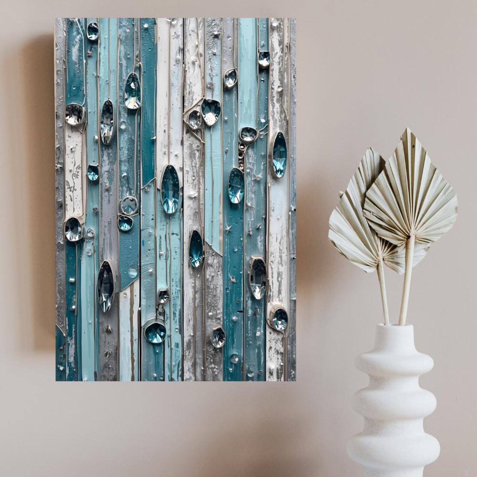 Teal Silver Gemstone Crystal 3D Effect Vertical Canvas Wall Hanging ...