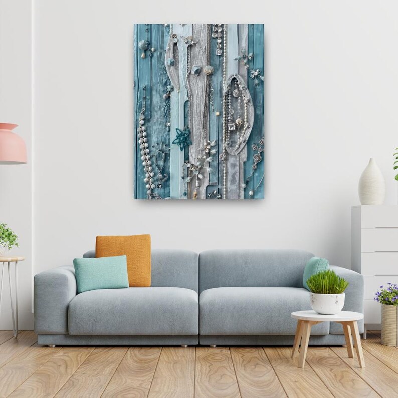 Aqua Blue Jewellery Shadow Box 3D Effect Vertical Canvas Rustic Wall ...