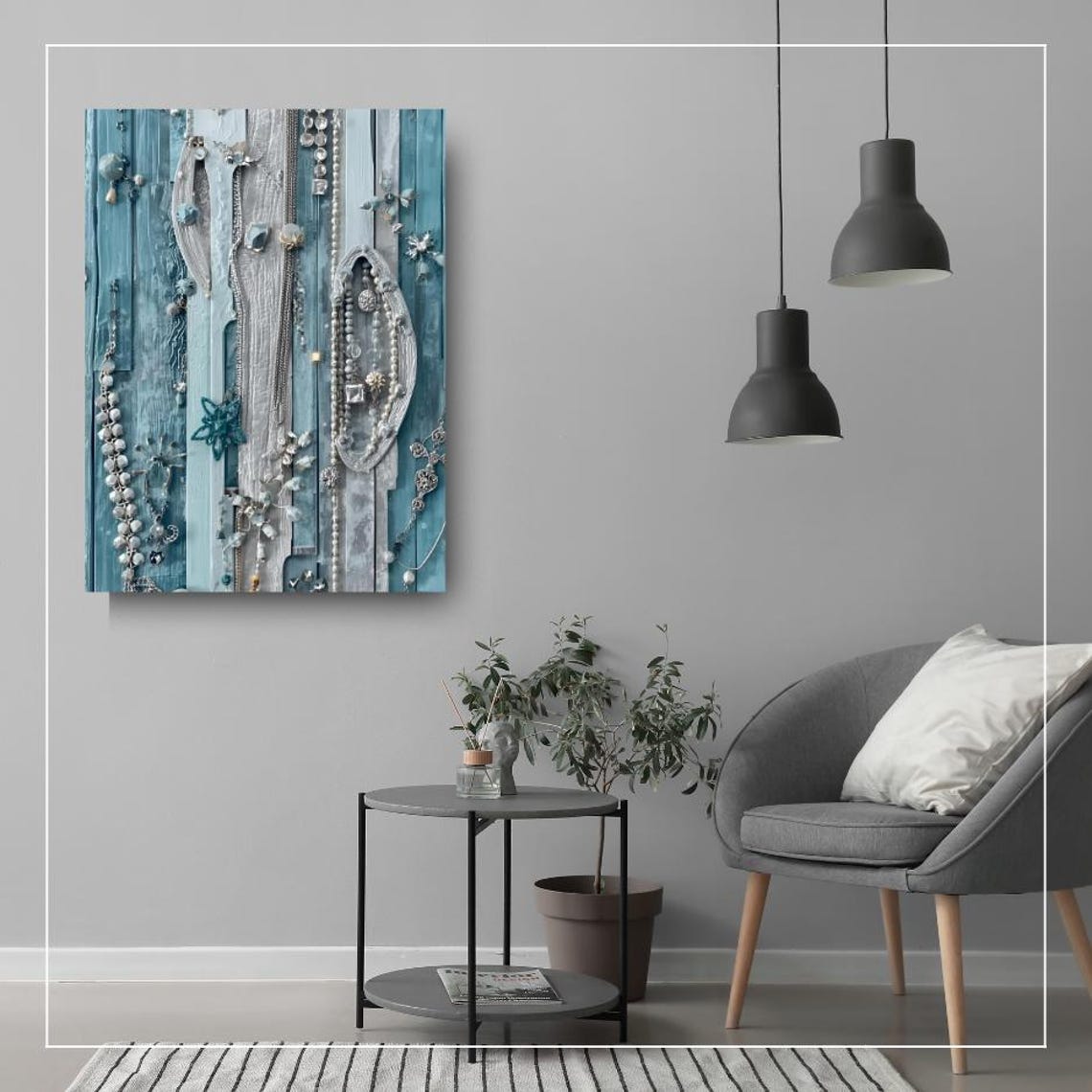 Aqua Blue Jewellery Shadow Box 3D Effect Vertical Canvas Rustic Wall ...