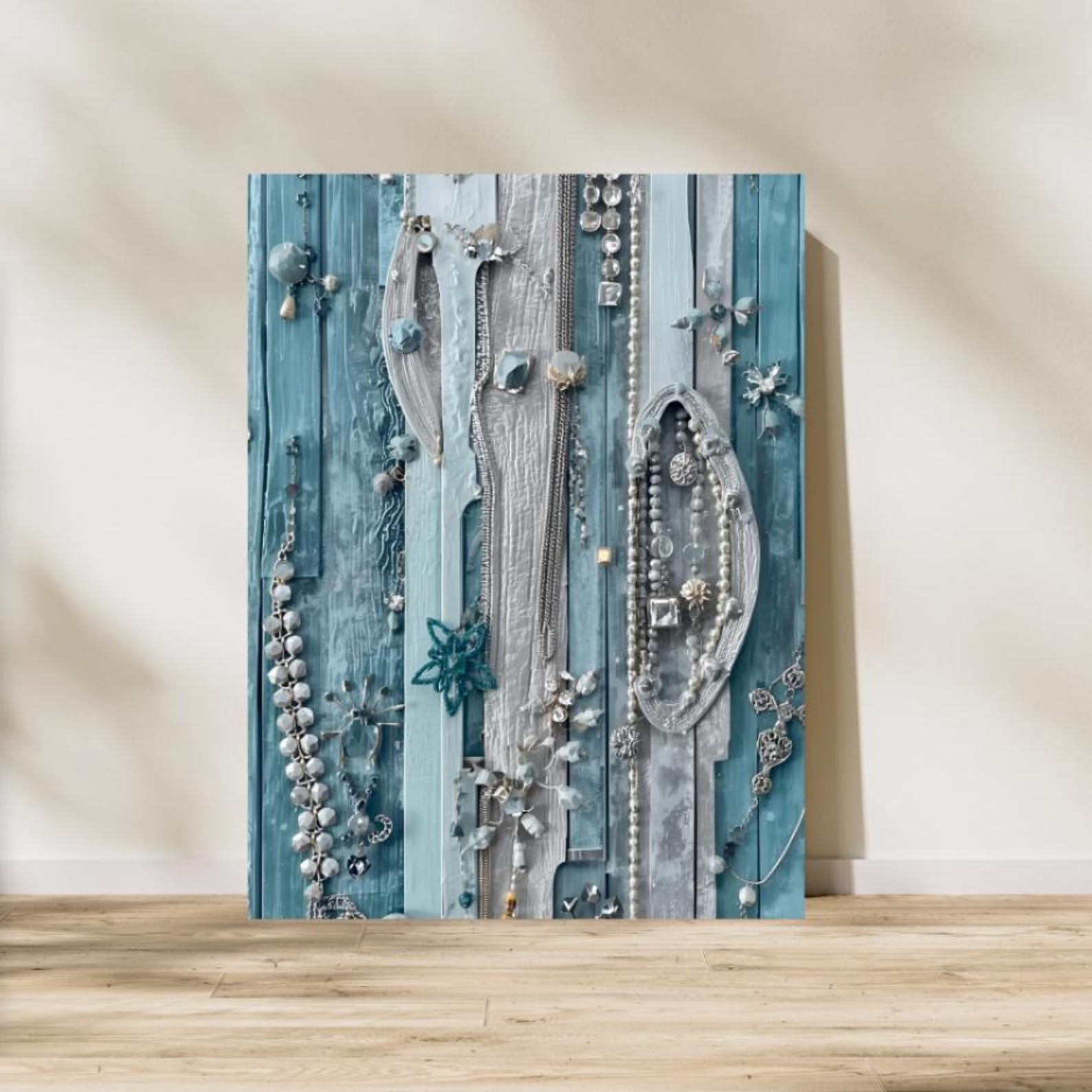 Aqua Blue Jewellery Shadow Box 3D Effect Vertical Canvas Rustic Wall ...
