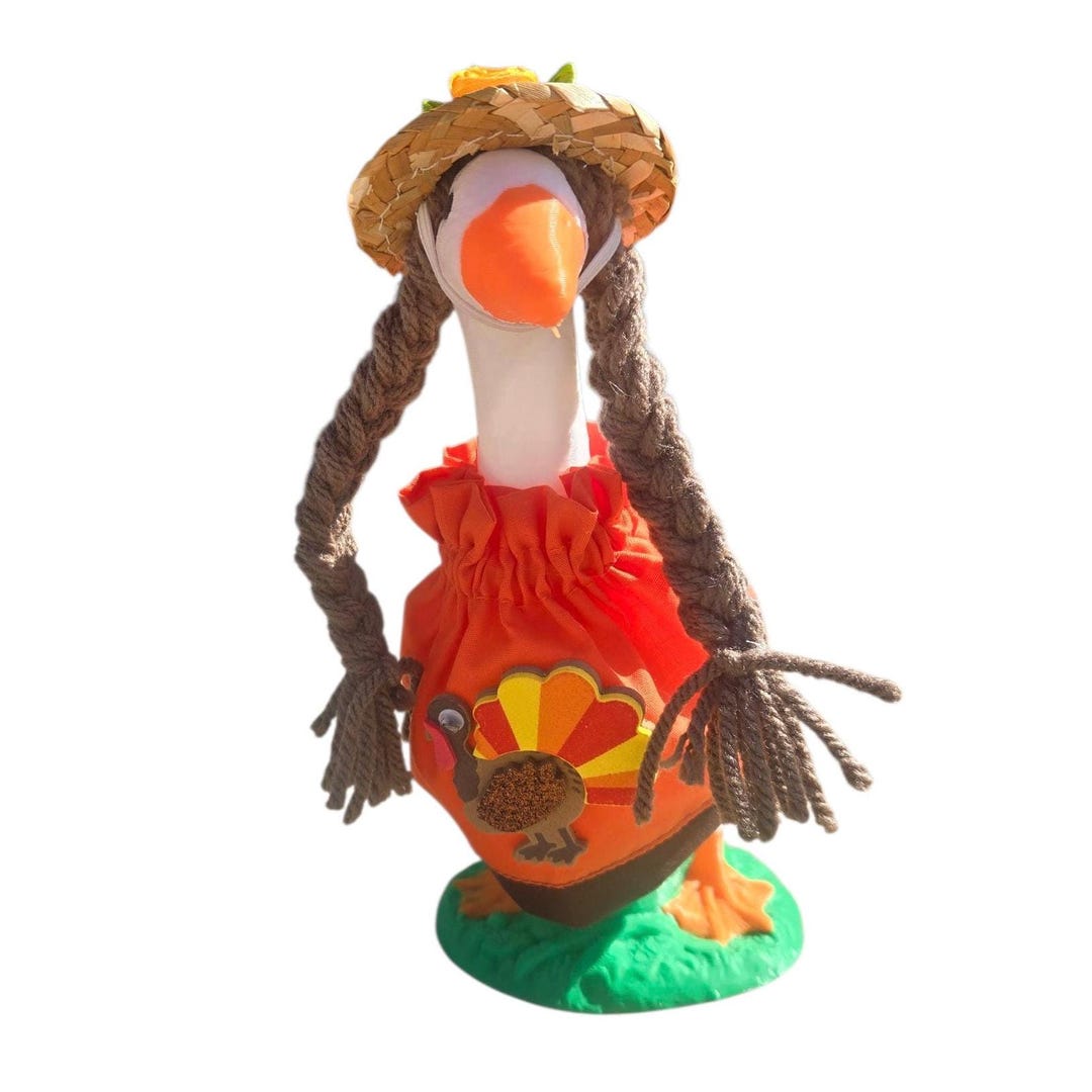 7 Inch SMALL DESK Goose Thanksgiving Turkey Dress With Straw Hat With ...