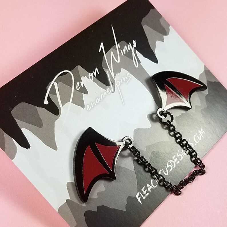 Demon wings enamel pins with chain black red wing lapel pin | Etsy
