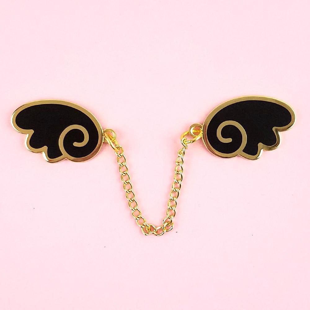 Angel Wings Enamel Pins With Chain - Black Gold Wing Lapel Pin Brooch ...