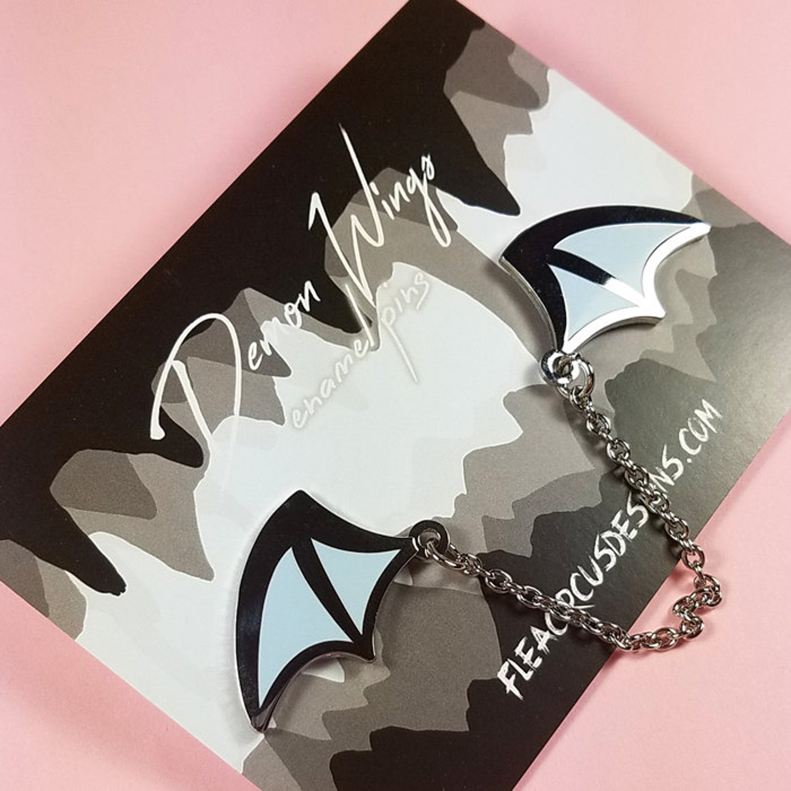 Demon Wings Enamel Pins With Chain Silver Blue Wing Lapel | Etsy