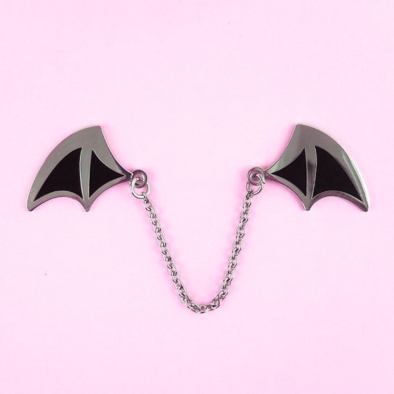 Demon wings enamel pins with chain silver black wing lapel | Etsy