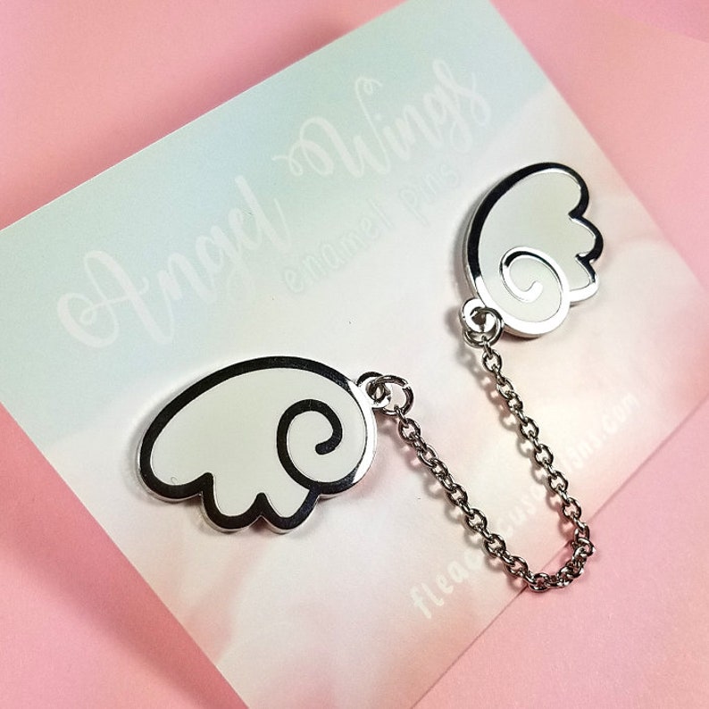 Angel wings enamel pins with chain white silver wing lapel | Etsy