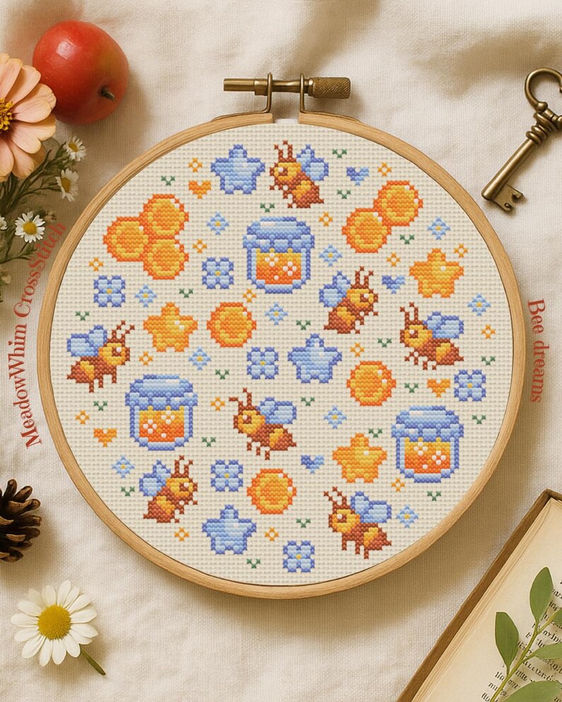 Bee Honey Cross Stitch Pattern, Cottagecore Honey Cross Stitch, Flowers ...