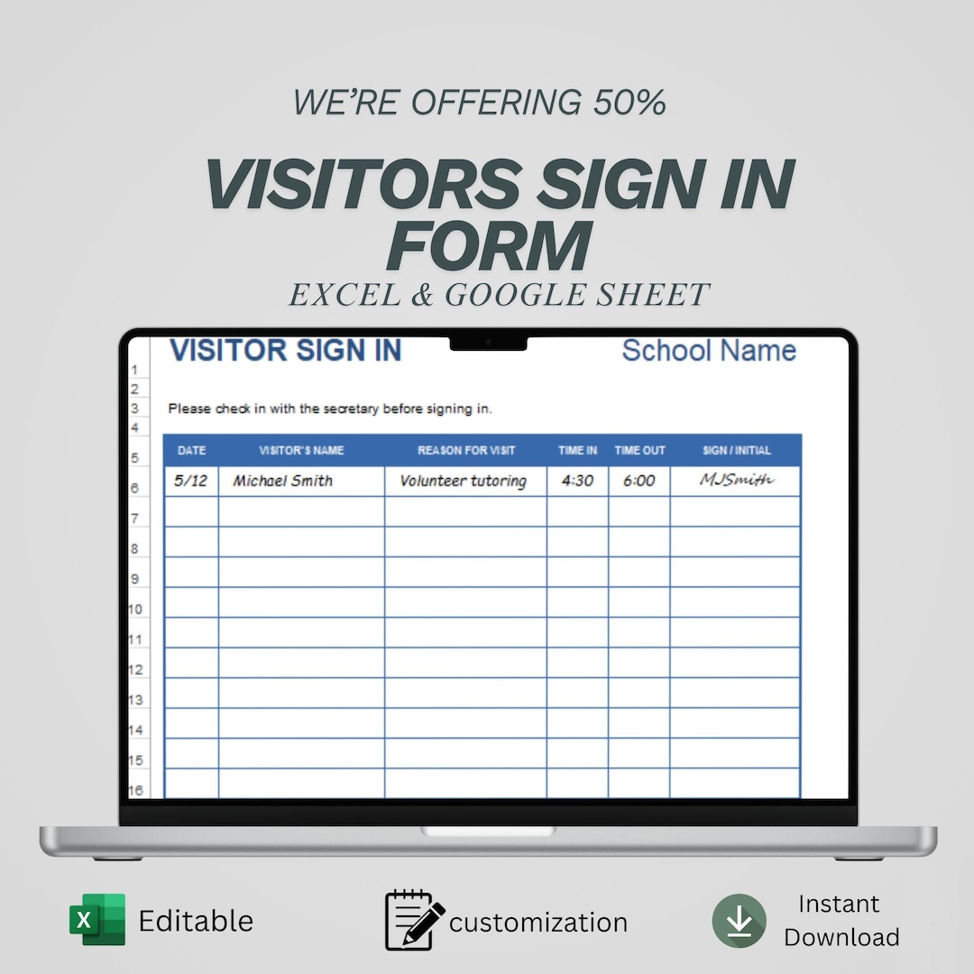 School Visitor Sign in Sheet Printable | Guest Log Book Template ...