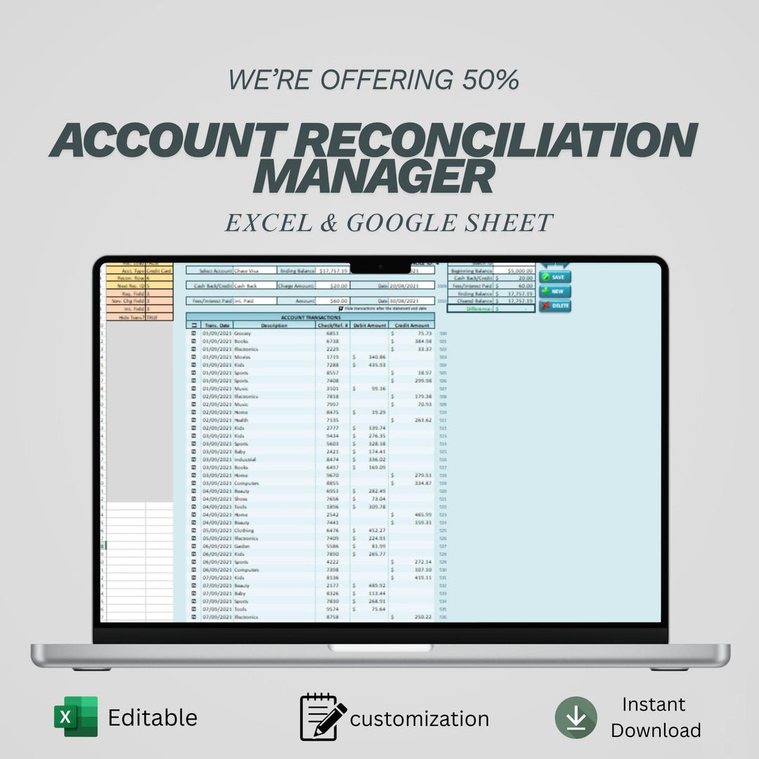 Excel Account Reconciliation Manager Spreadsheet | Automated Bank ...
