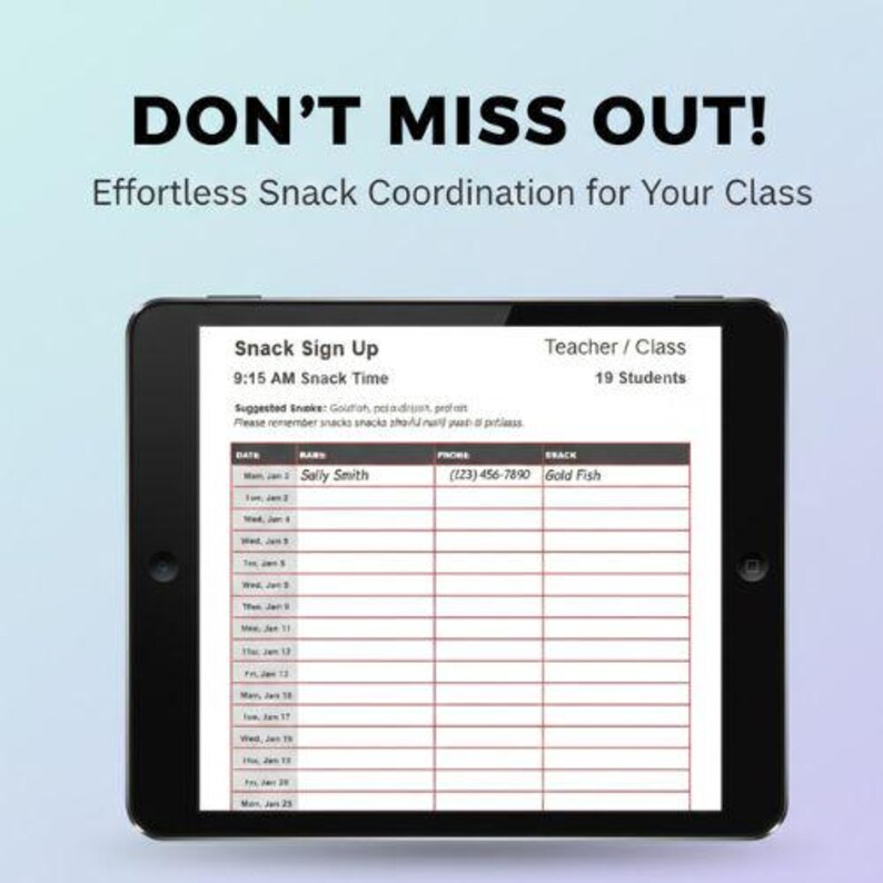 School Snack Sign up Sheet | Teacher Class Supply Tracker Template ...