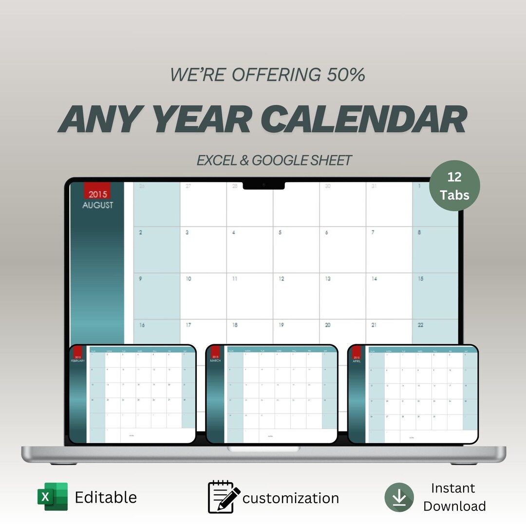 Any Year Calendar Template | Editable 12 Month Calendar Spreadsheet ...