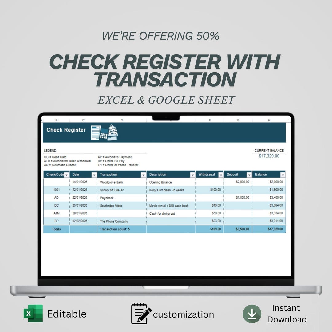 Check Register Excel Template | Transaction Log & Personal Finance ...