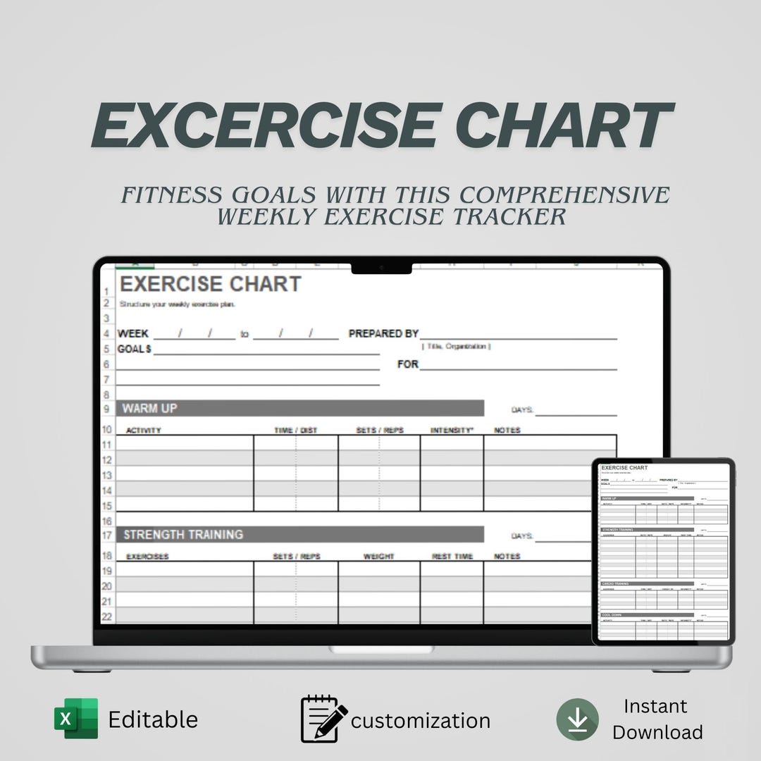 Weekly Exercise Chart Printable | Workout Planner | Strength & Cardio ...