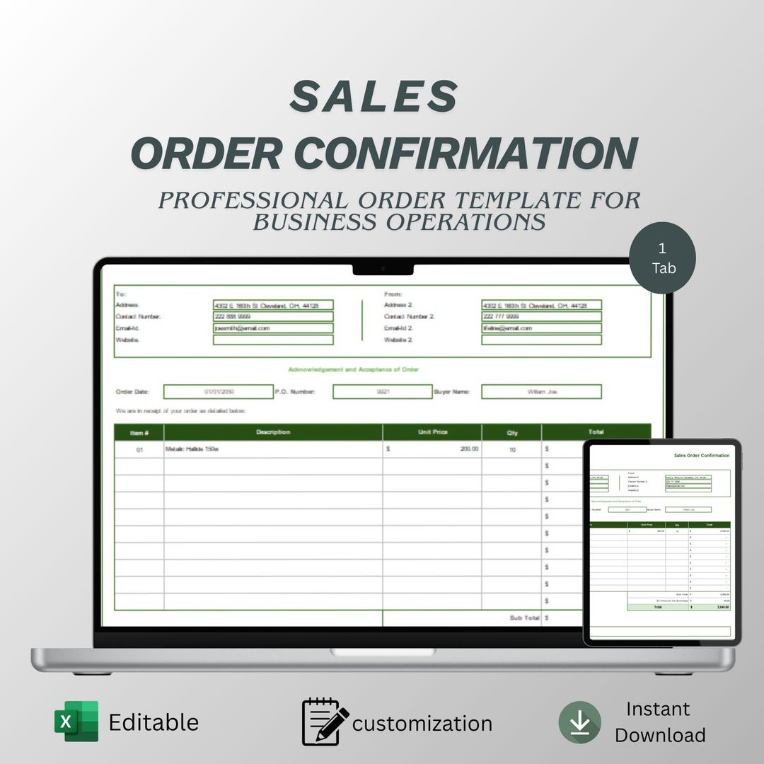 Sales Order Confirmation Template | Excel Business Tracker | Instant ...