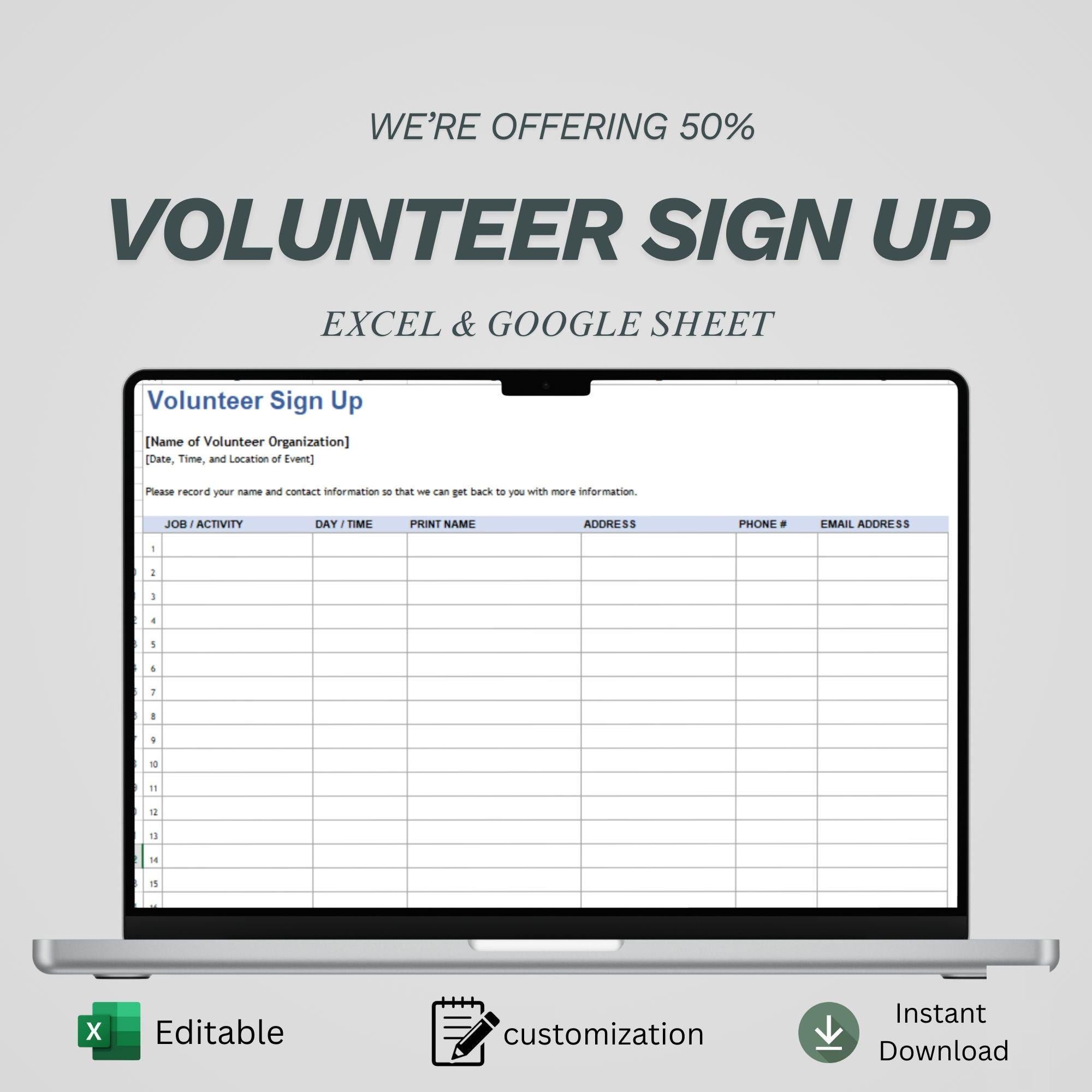 Volunteer Sign up Sheet Excel Template | Community Event Organizer ...