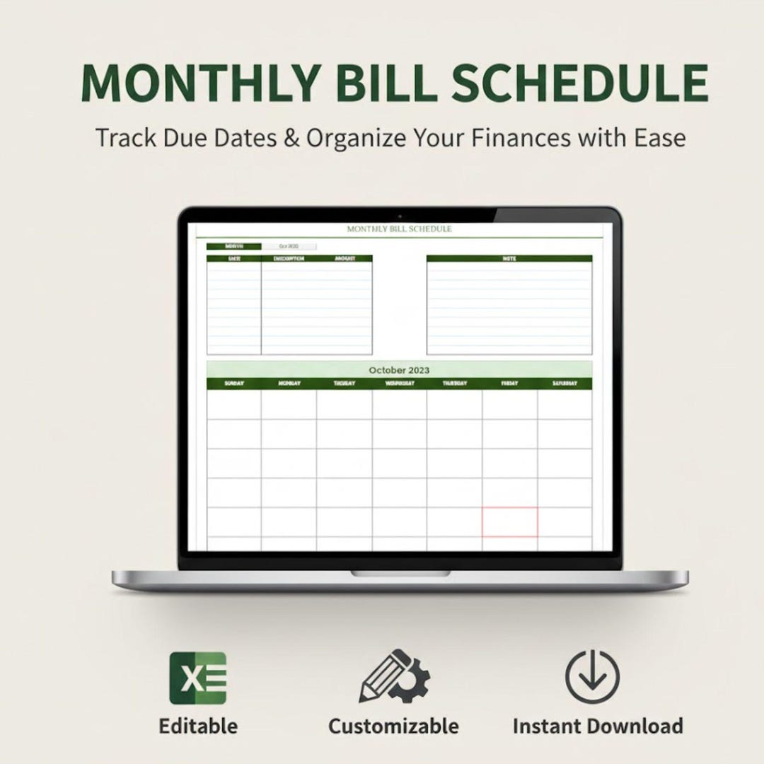 Monthly Bill Schedule Excel | Bill Due Date Tracker | Organize Personal ...