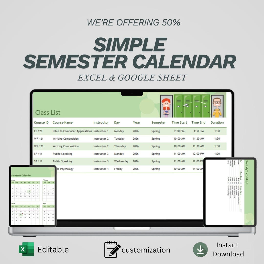 Student Class Schedule Template | College Uni Semester Planner ...
