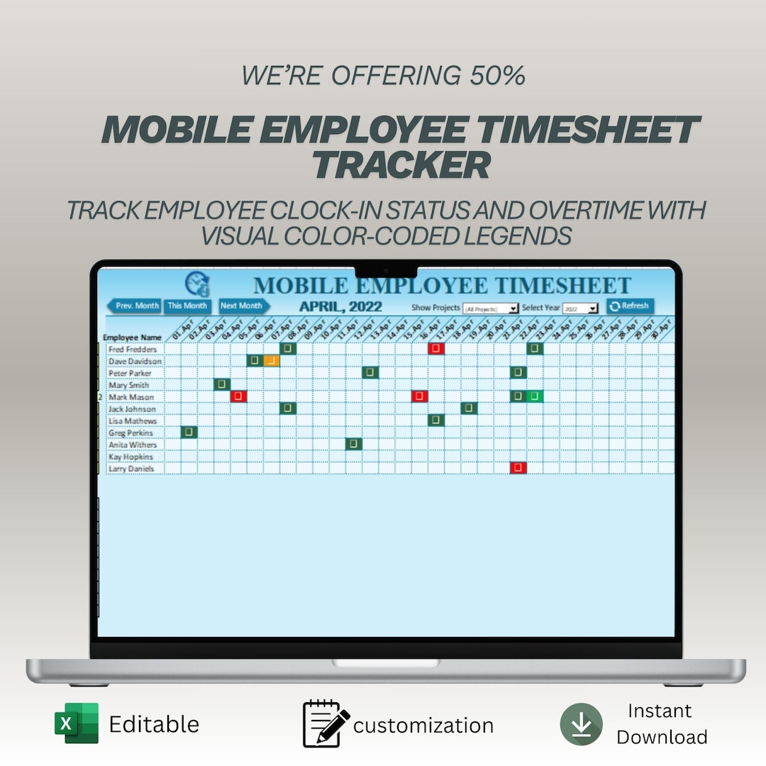 Employee Timesheet & Attendance Tracker | Staff Shift Log Overtime ...