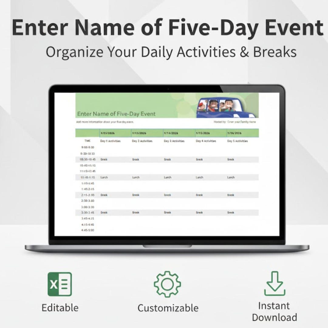 5 Day Event Family Schedule Excel | Multi-day Event Planner | Household ...