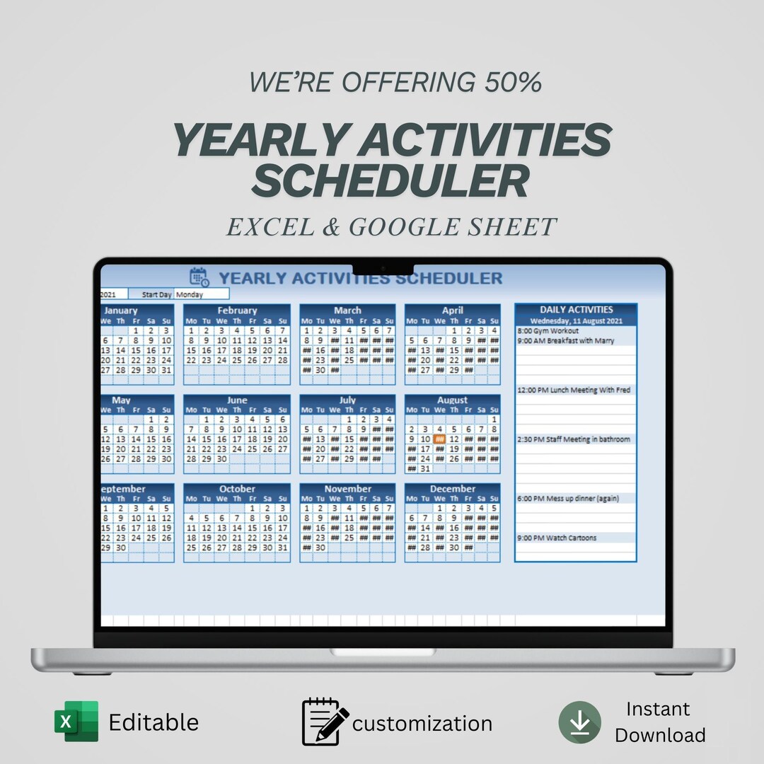 Excel Yearly Activities Scheduler Template | Automated Annual Calendar ...