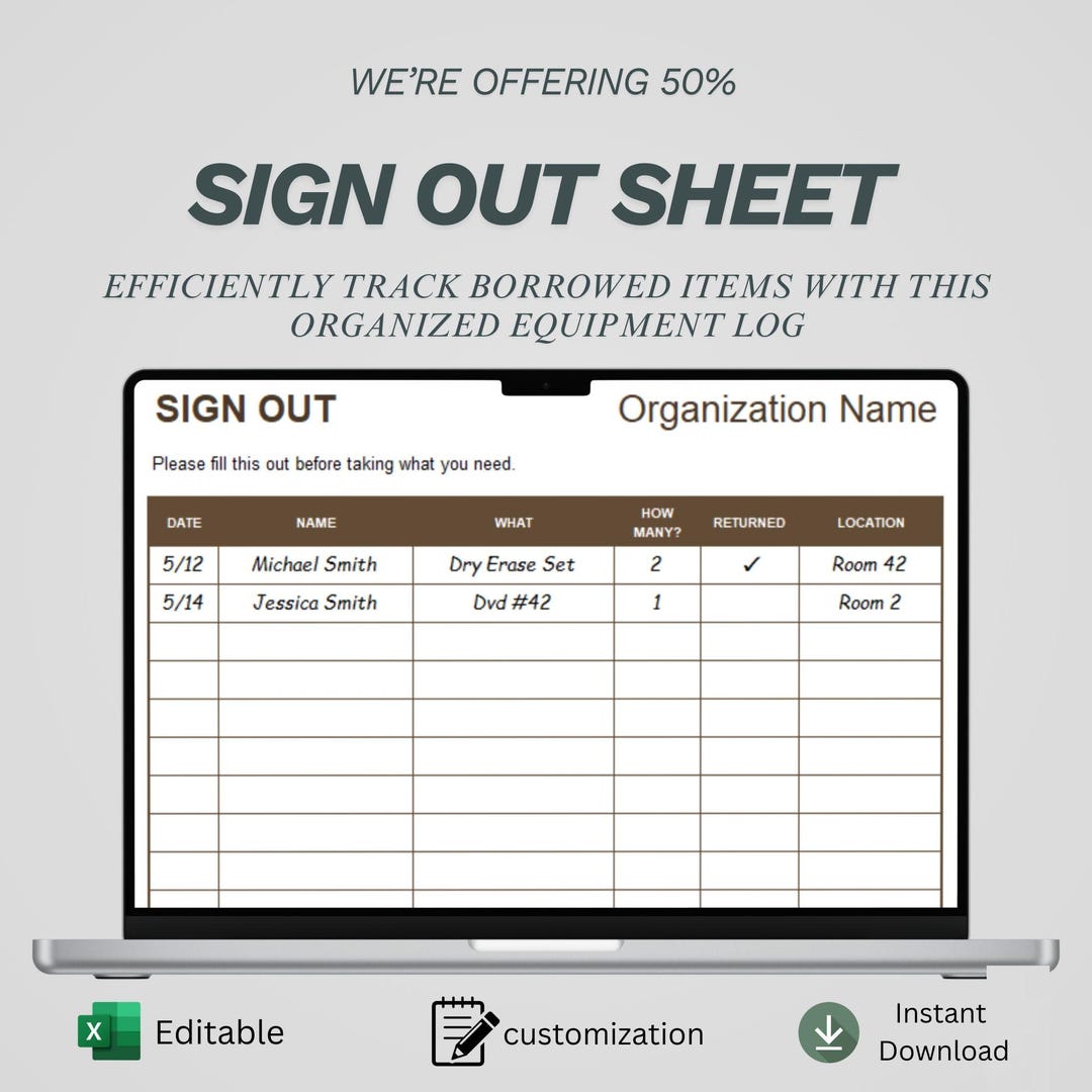 Equipment Sign Out Sheet Excel | Asset Tracker & Organization Log ...