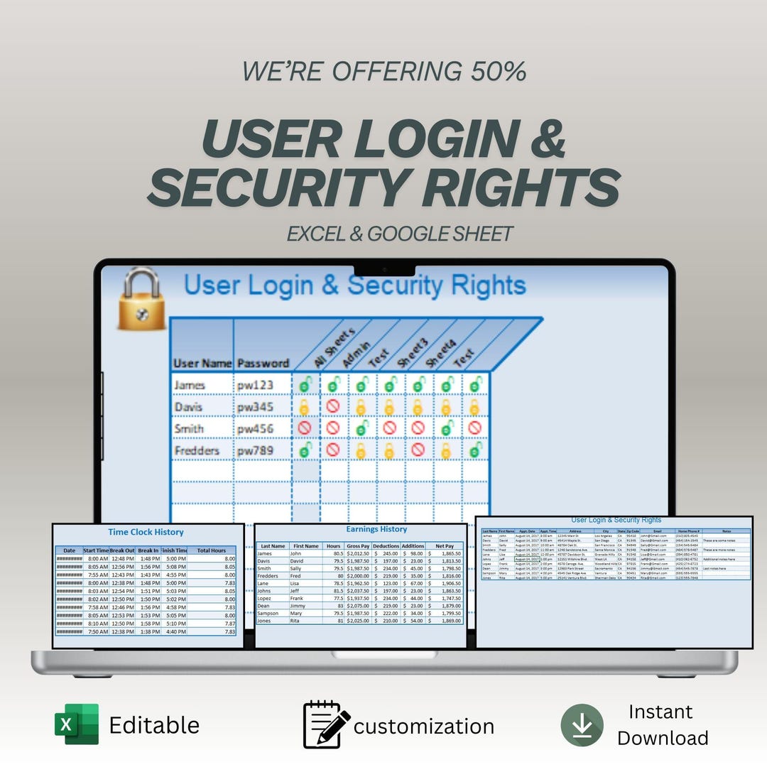 User Login & Security Rights Template | Excel Google Sheets Access ...