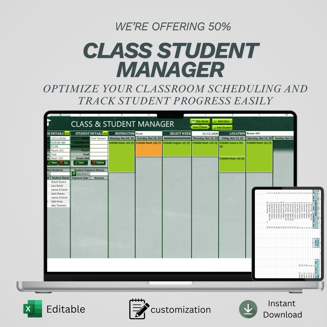 Class & Student Manager Excel Template | School Attendance Tracker ...