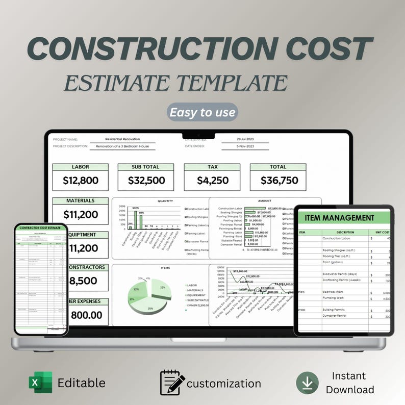 Construction Cost Estimate Template for Excel Google Sheets | Project ...