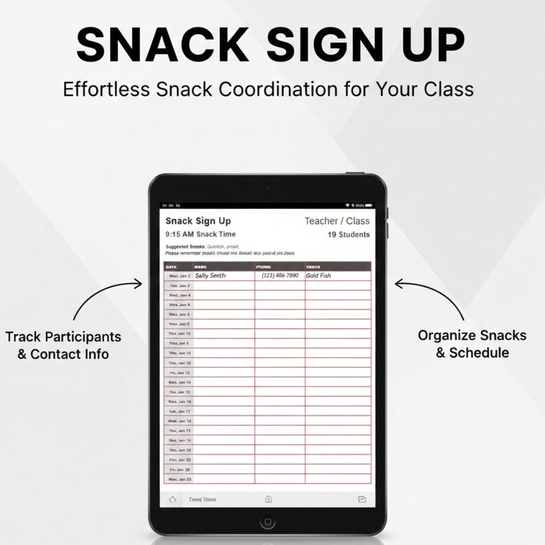 School Snack Sign up Sheet | Teacher Class Supply Tracker Template ...