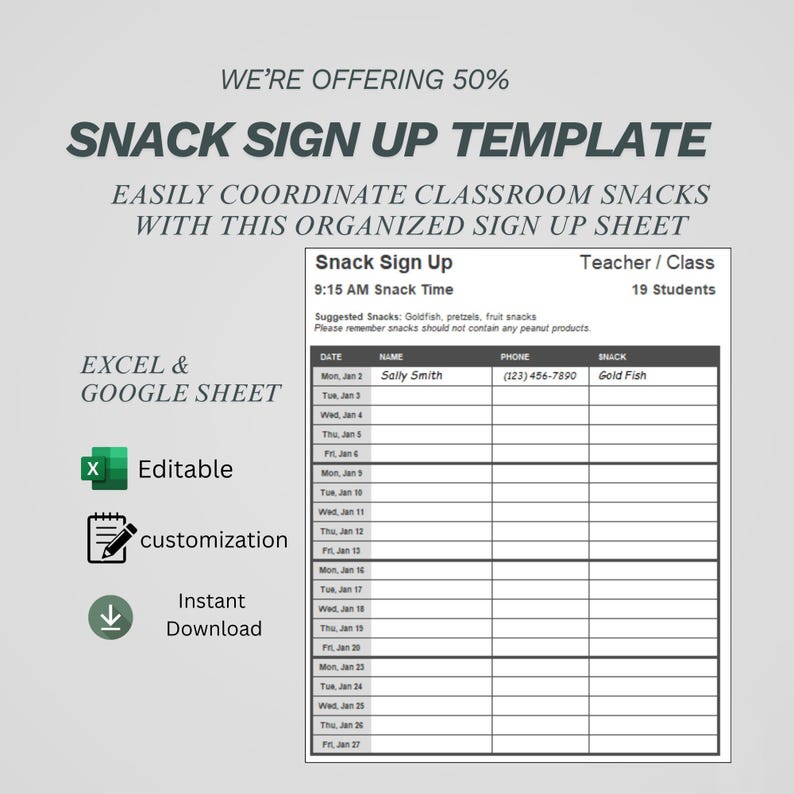 School Snack Sign up Sheet | Teacher Class Supply Tracker Template ...