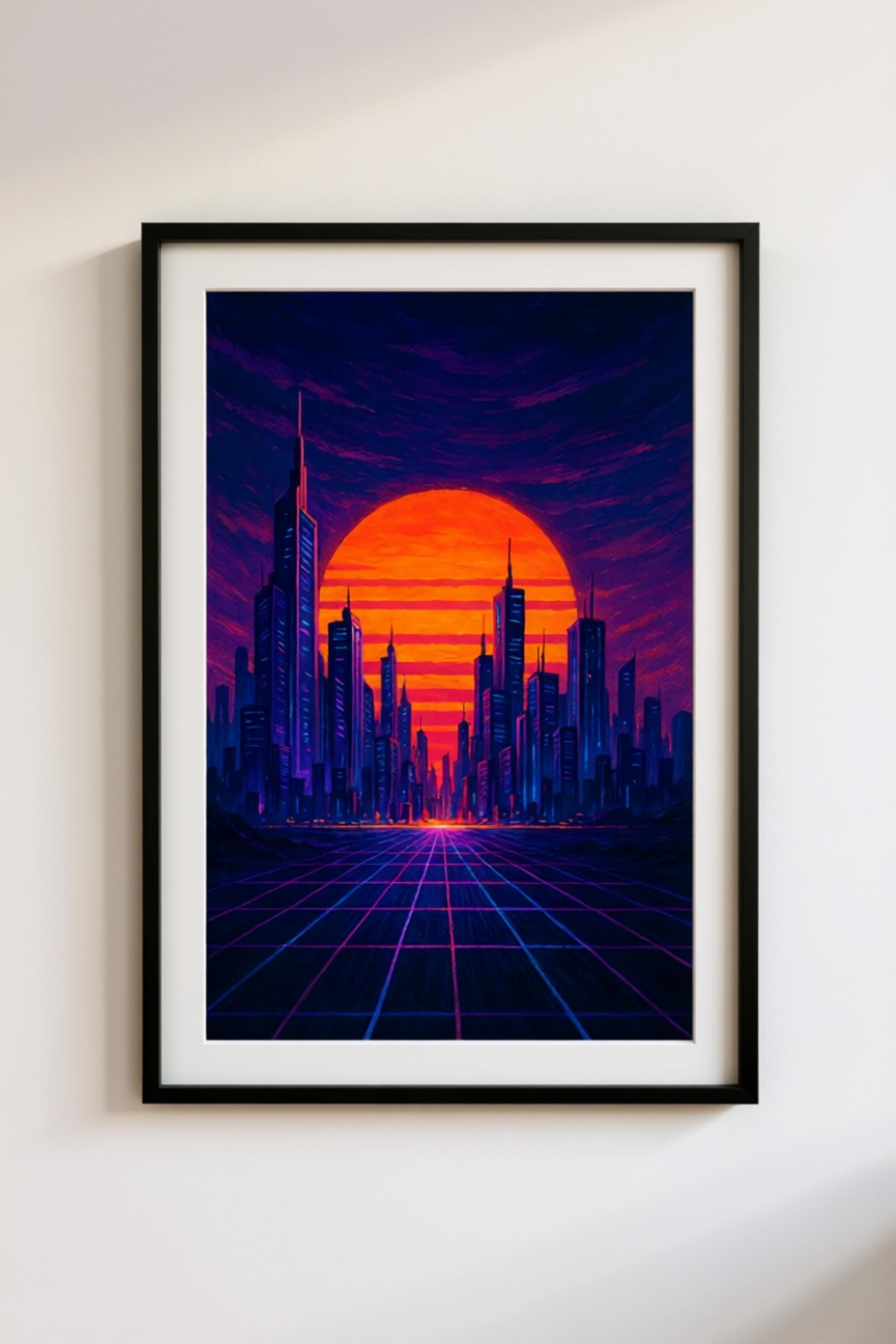 Neon Sunset City – Retro-futuristic Poster | Digital Sci-fi Wall Art ...