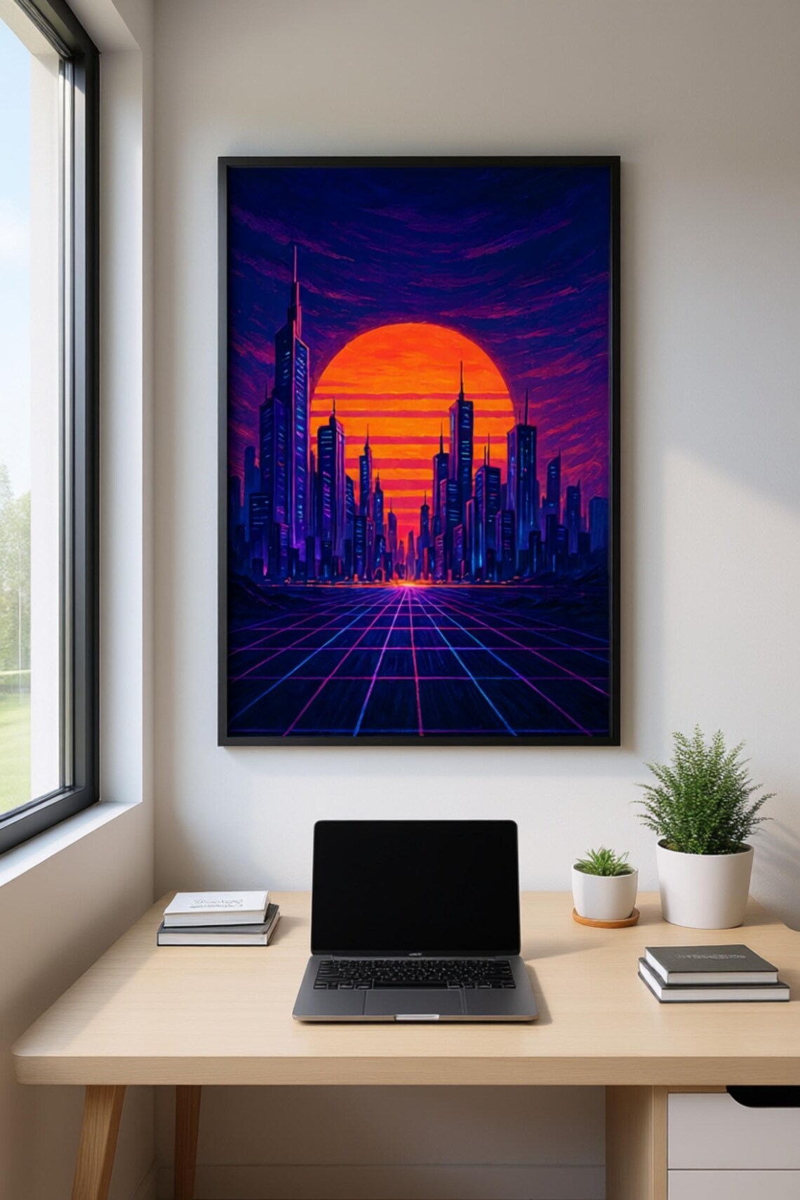 Neon Sunset City – Retro-futuristic Poster | Digital Sci-fi Wall Art ...